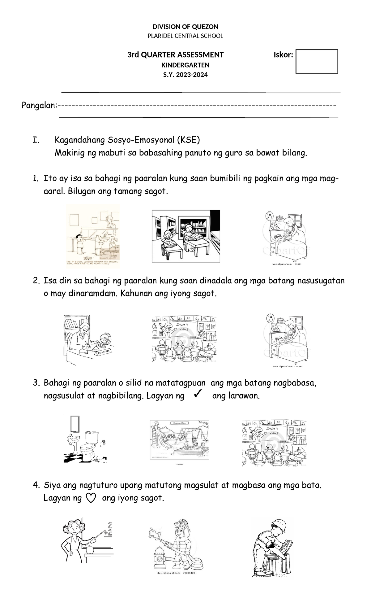 3RD Quarter Exam in Kindergarten - S.Y. 2023 Assessment - Studocu