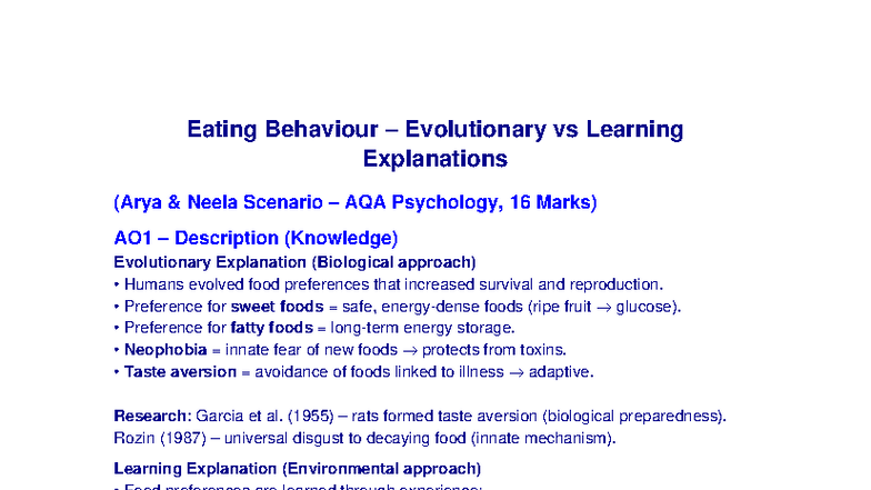Evolutionary vs Learning Explanations of Eating Behaviour (AQA ...