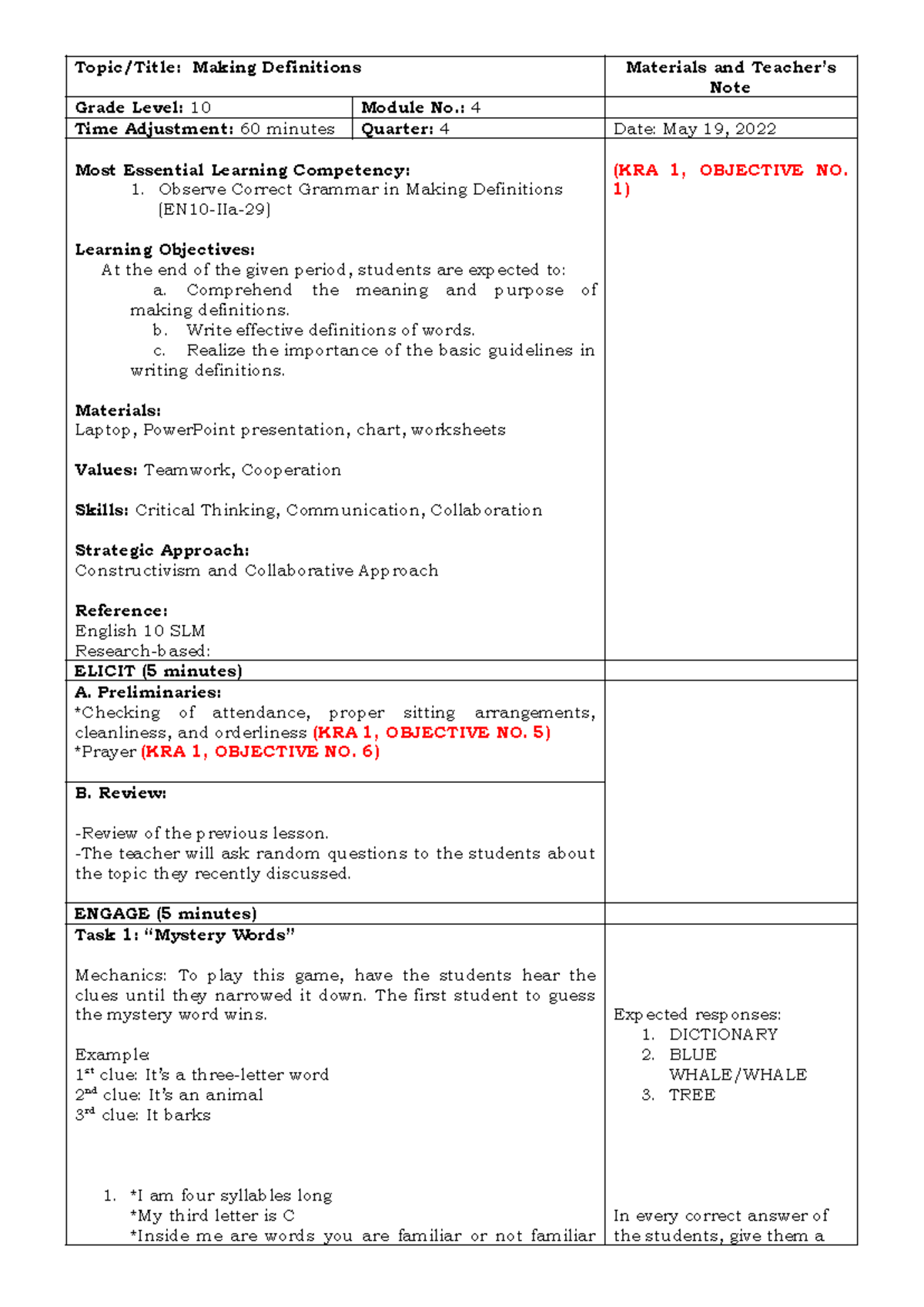 Toaz - dfdfd - Topic/Title: Making Definitions Materials and Teacher’s Note Grade Level: 10 ...