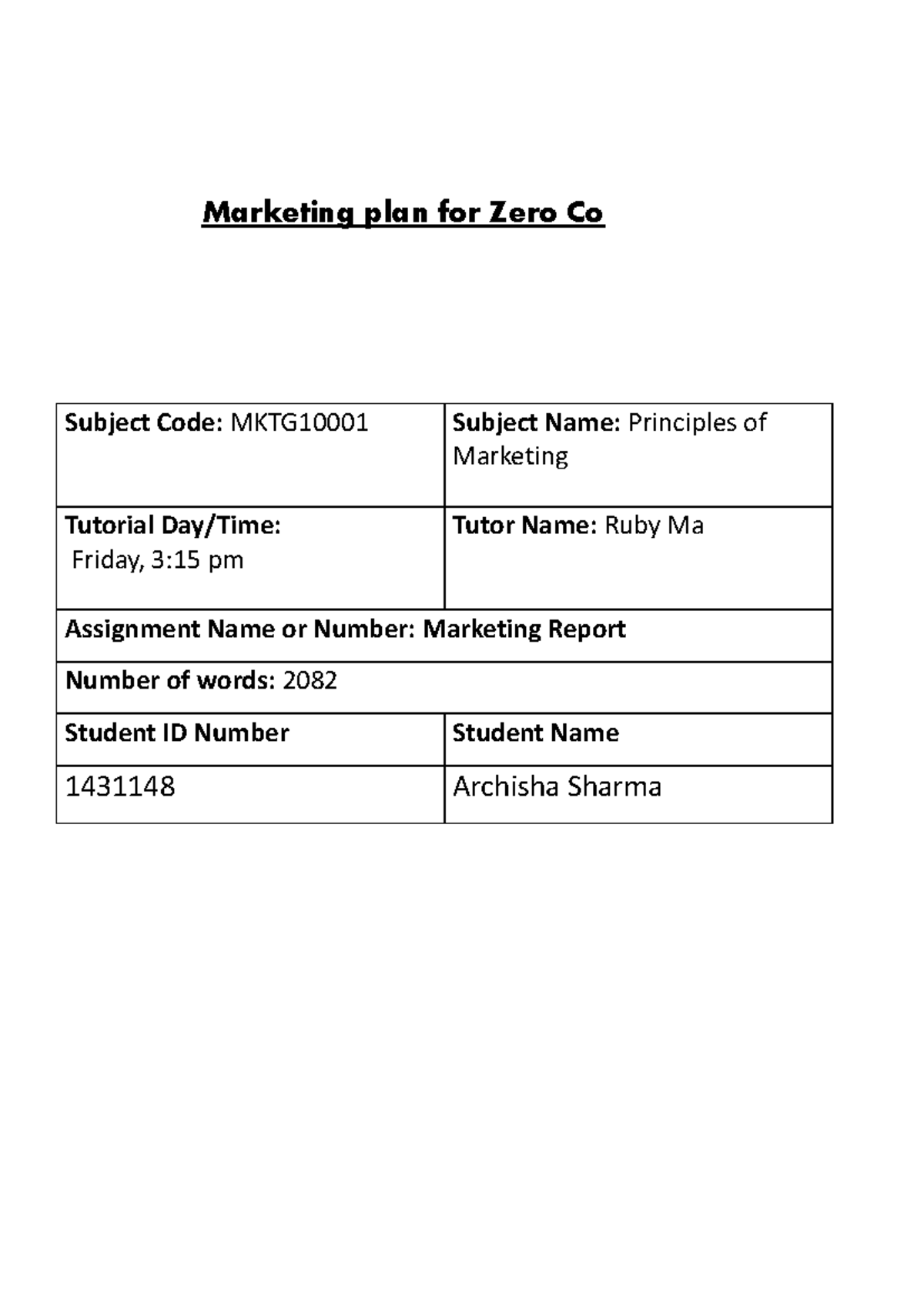 Marketing group project - Marketing plan for Zero Co Subject Code ...