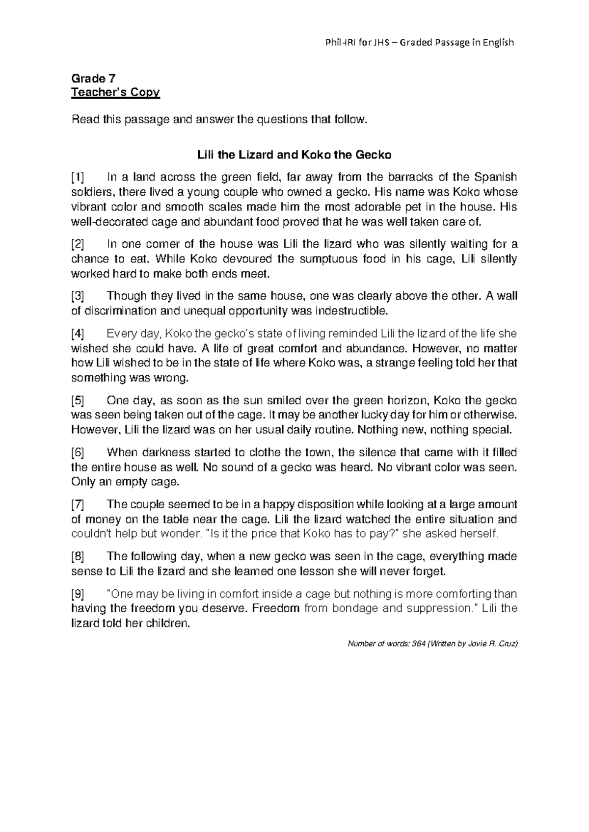 English 7 Oral Teacher's Copy: Lili the Lizard & Koko the Gecko - Studocu