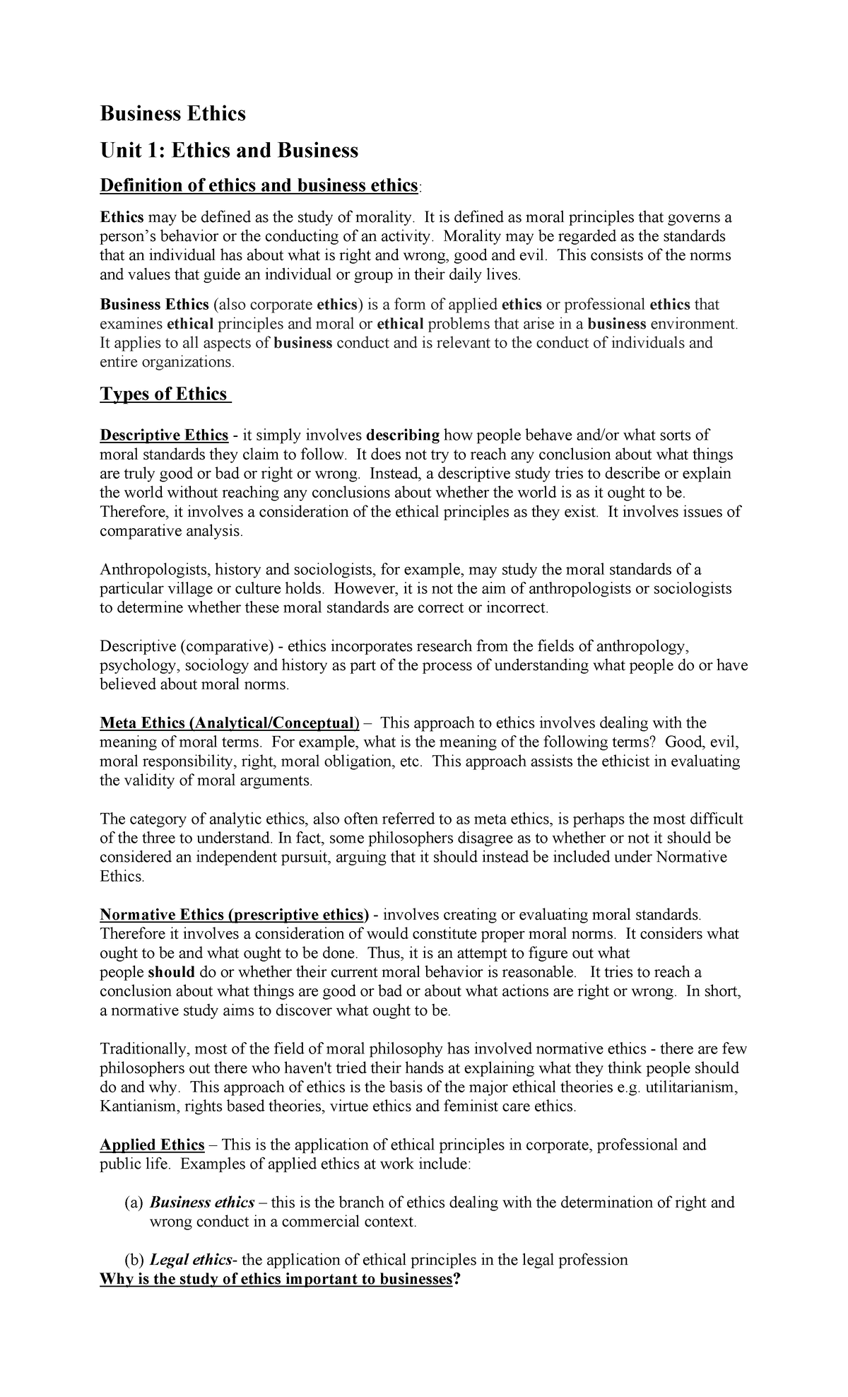 Unit 1 Ethics and Business - Business Ethics Unit 1: Ethics and ...
