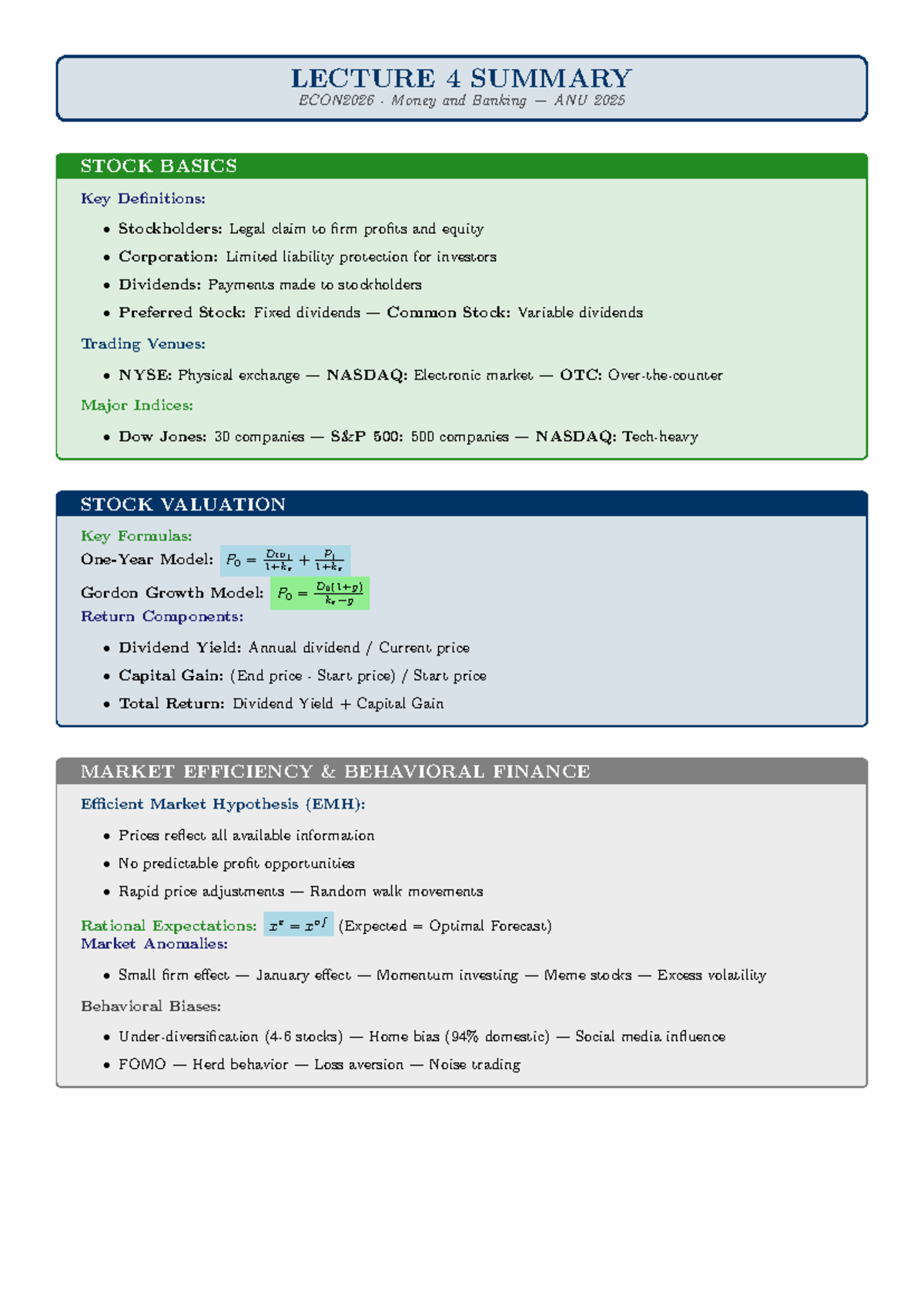 LECTURE 4 SUMMARY ECON2026 Money and Banking: Stock Basics & Market Efficiency - Studocu