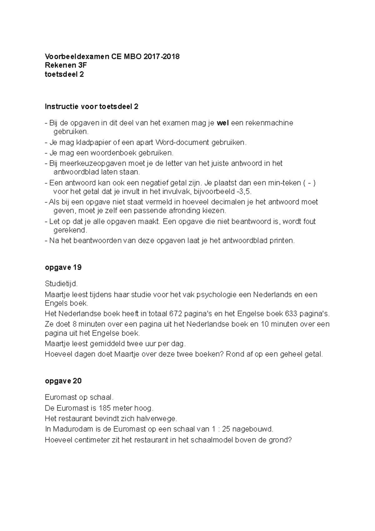 W3 BR MBO RK 3F voorbeeld deel 2 - Voorbeeldexamen CE MBO 2017- Rekenen ...