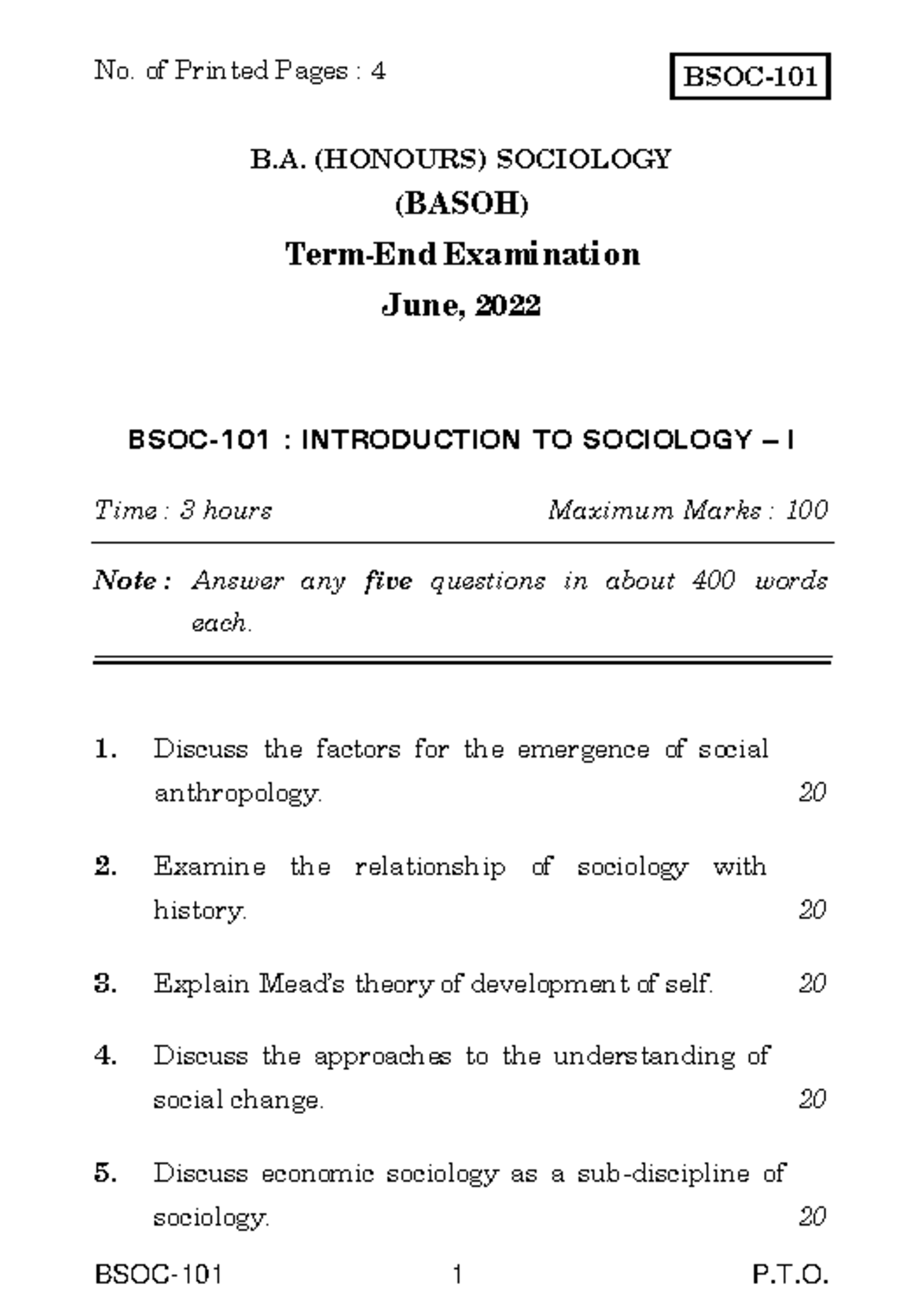 BSOC-101: Previous Year Question Paper for Introduction to Sociology I ...