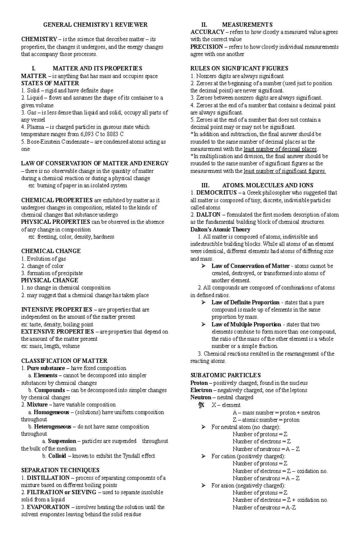 GENERAL CHEMISTRY 1 REVIEWER: KEY CONCEPTS AND PROPERTIES - Studocu