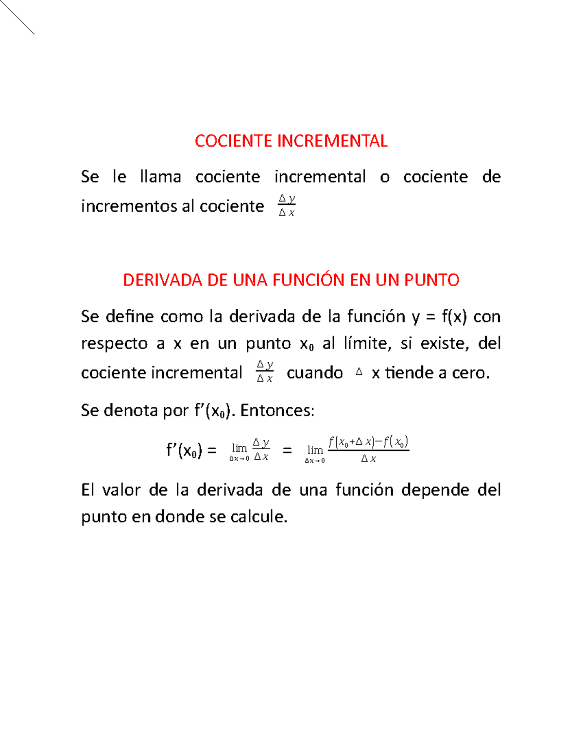 4. La derivada y sus aplicaciones - COCIENTE INCREMENTAL Se le llama ...