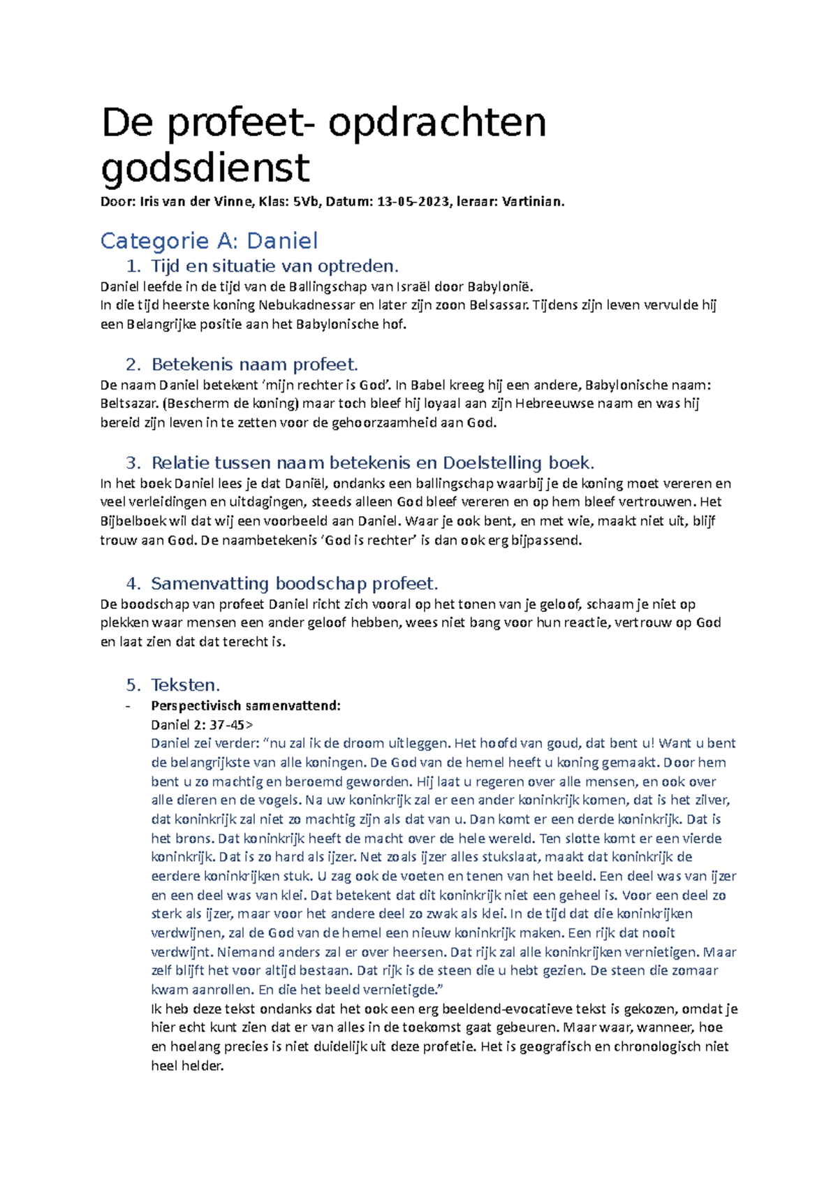 De profetenopdracht in het boek Daniel - Godsdienst 5Vb - Studeersnel