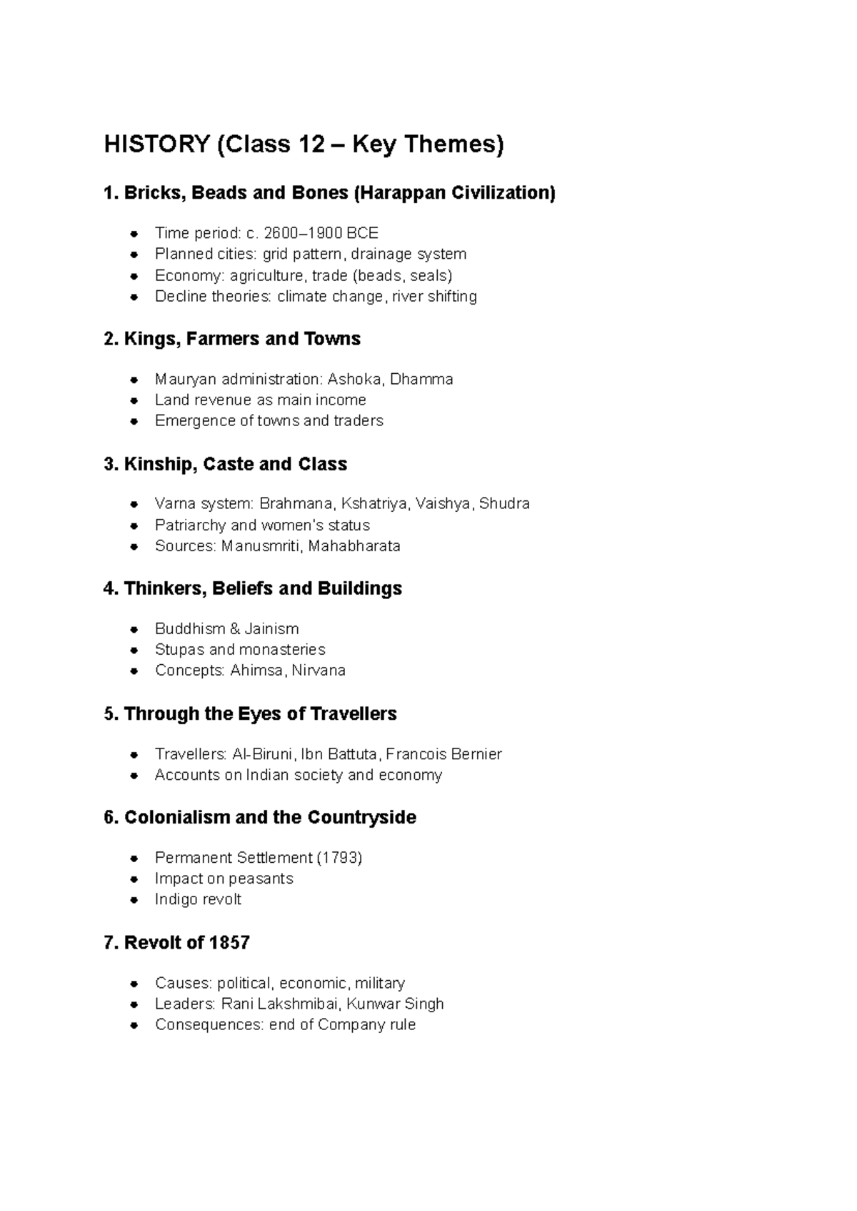 HISTORY (Class 12) Key Themes: Harappan to Colonialism Insights - Studocu