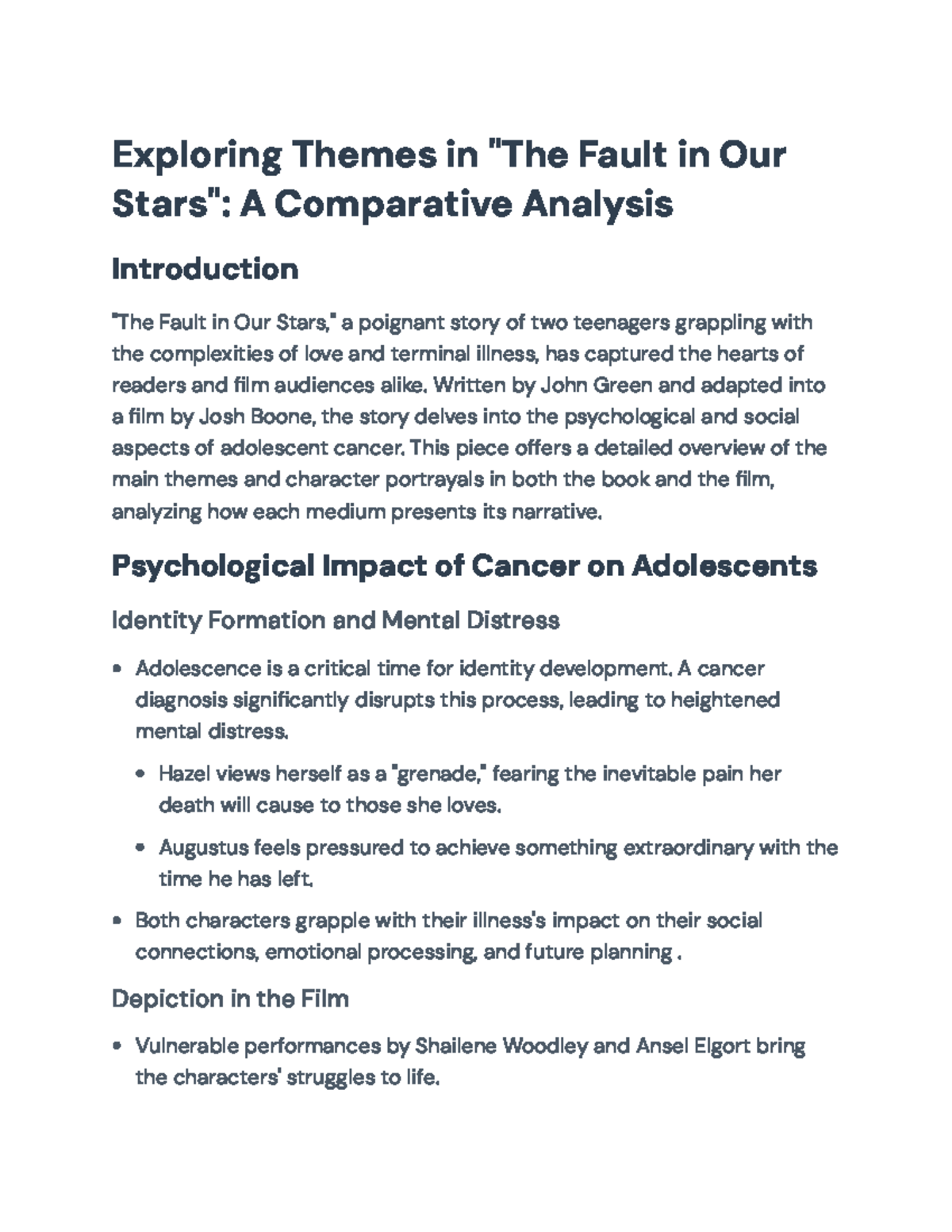 Comparative Analysis of Themes in "The Fault in Our Stars" (ENG101 ...