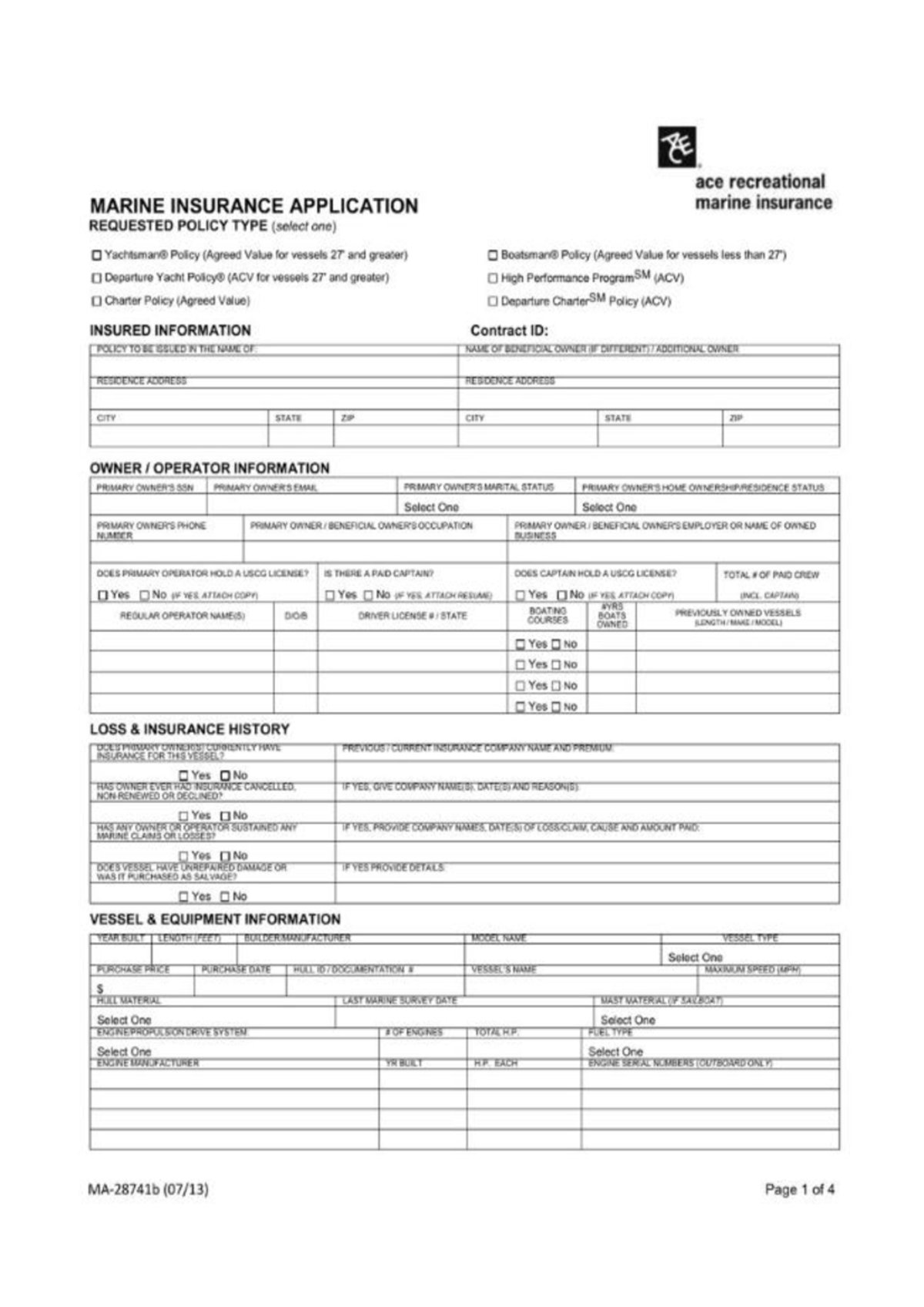 Marine cargo insurance - ace recreational MARINE INSURANCE APPLICATION ...