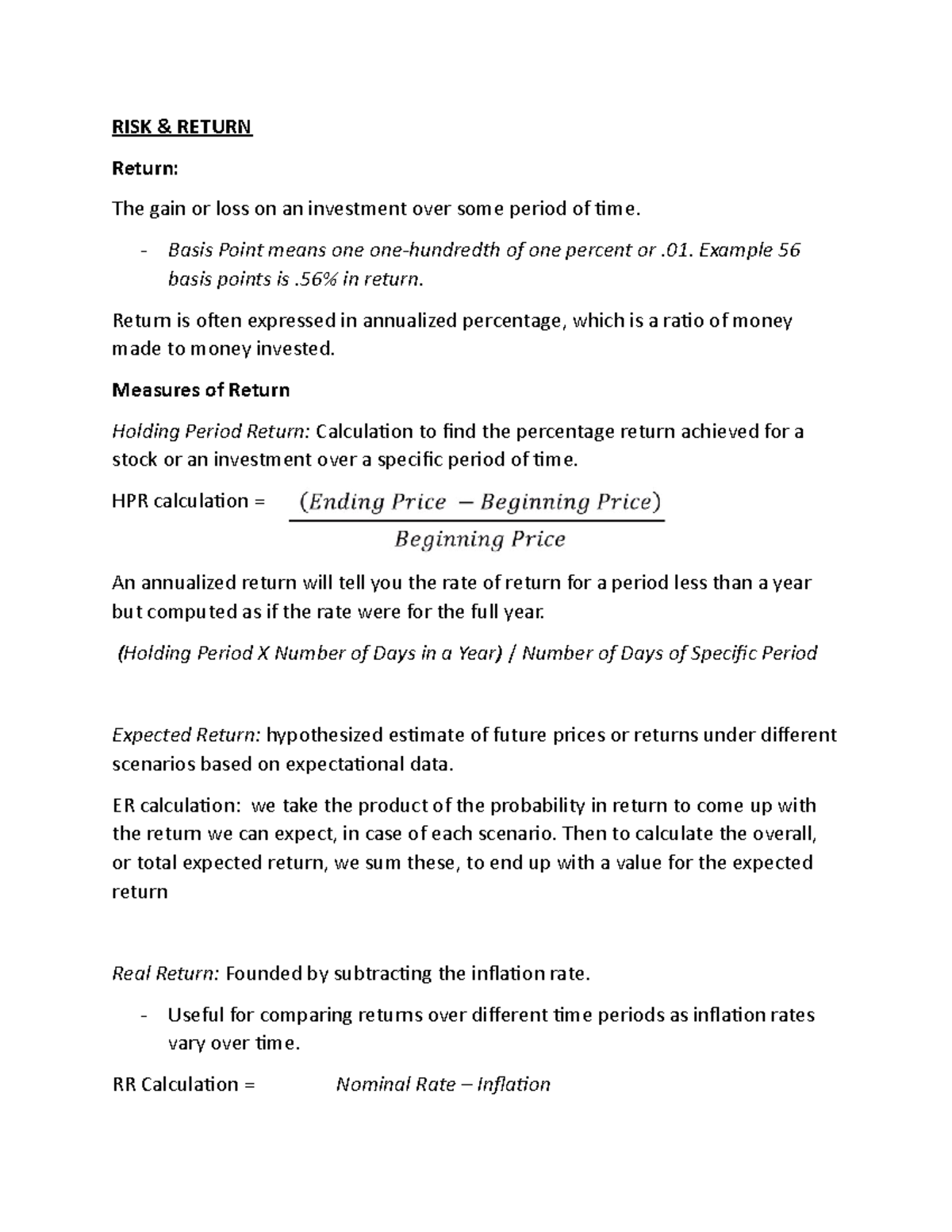 RISK & RETURN - Lecture Notes 3: Key Concepts & Measures - Studocu