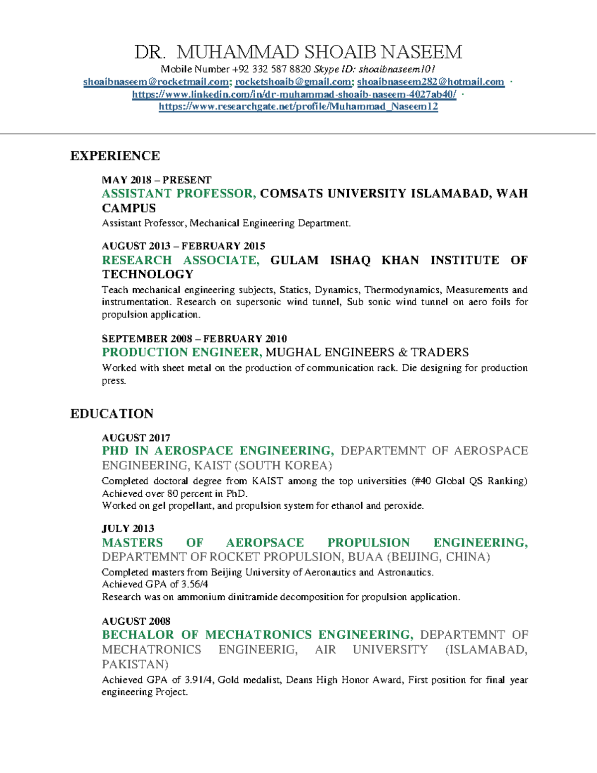 Dr. Muhammad Shoaib Naseem - CV & Academic Profile Overview - Studocu