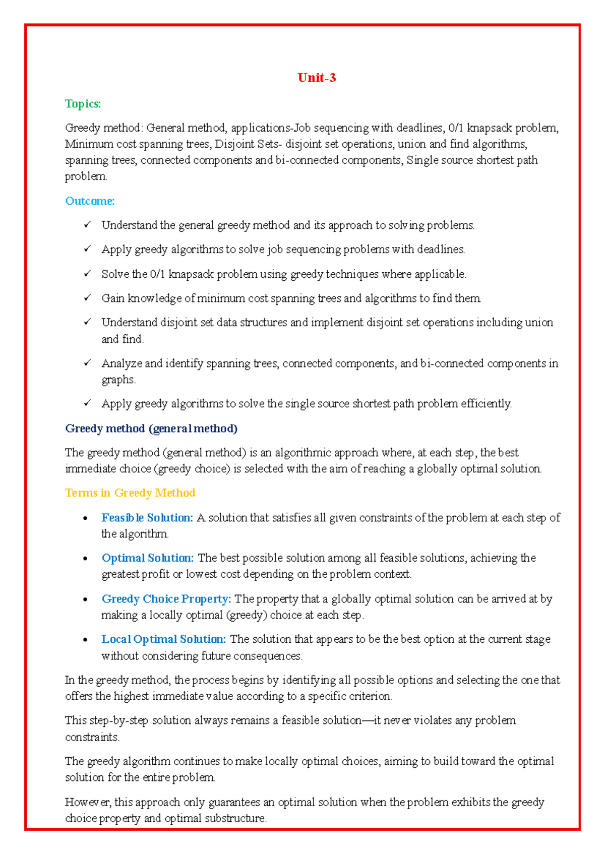 DAA Unit-3: Greedy Algorithms - Concepts & Applications - Studocu