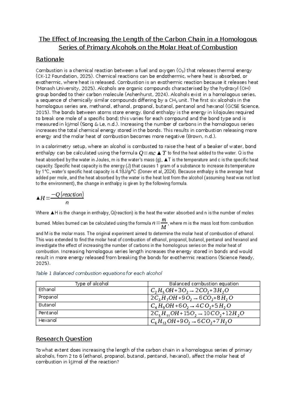 FA2 Chemistry Experiment: Molar Heat of Combustion in Alcohols - Studocu