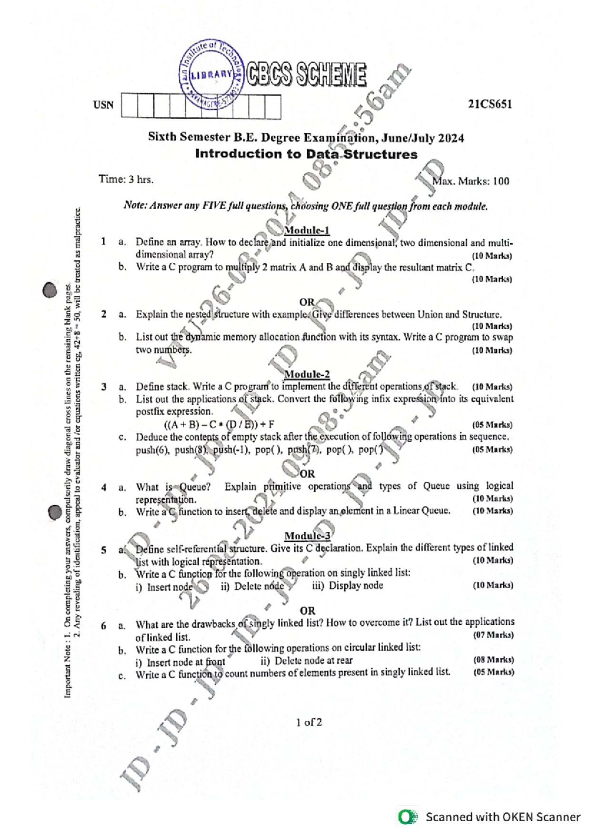 DS 21CS651 Sixth Sem B.E. Exam 2024: Data Structures QP - Studocu