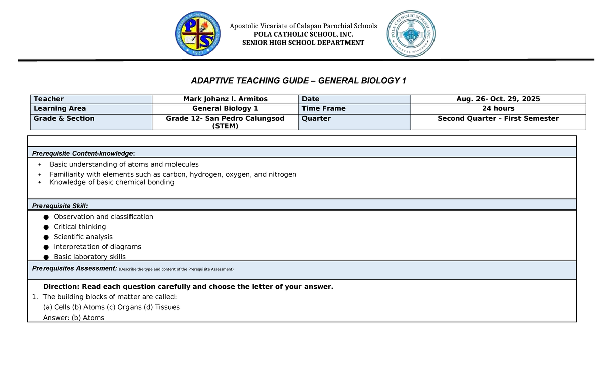 General Biology 1 Adaptive Teaching Guide - 2nd Quarter - Studocu