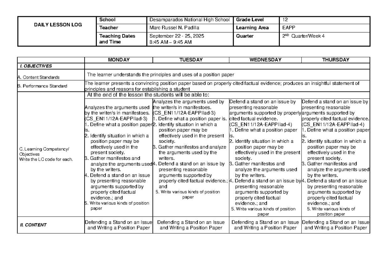 DLL EAPP Q2 WEEK 4 - Daily Lesson Log for Grade 12 - Studocu