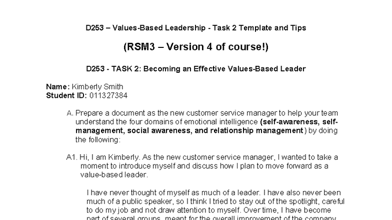D253 RSM3 Task 2: Emotional Intelligence in Leadership - Studocu