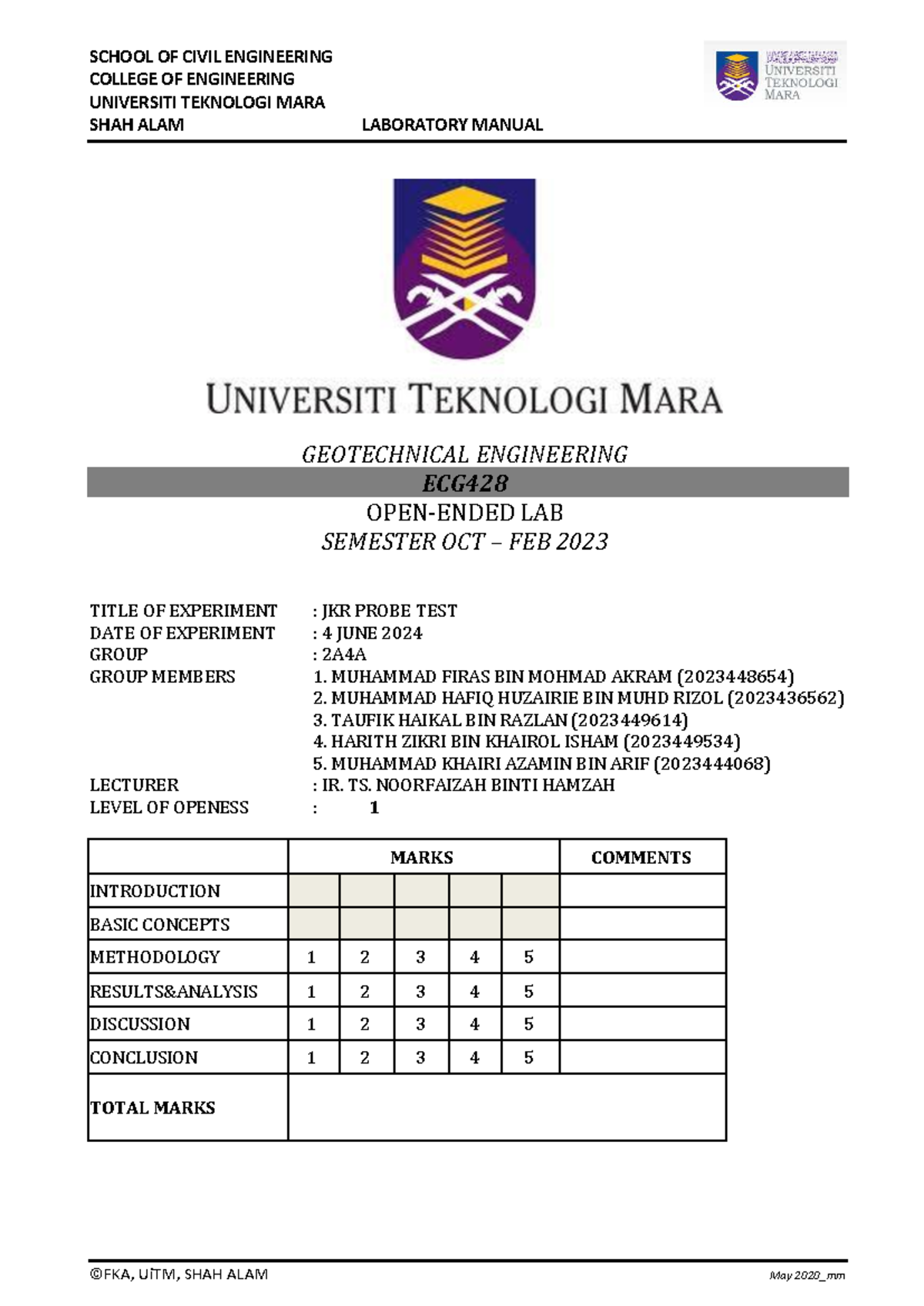 Lab Report: JKR Probe Test in Geotechnical Engineering ECG428 - Studocu