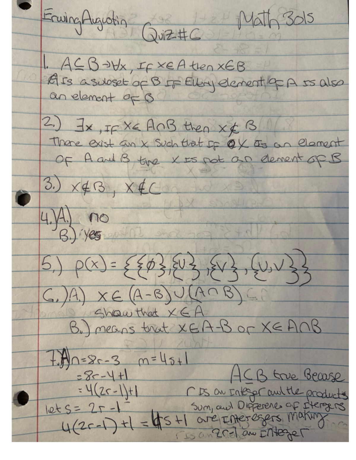 Augustin quiz 6 - quiz 6 - Enving Augustin Math 3015 1. ACB Vx, If XE A ...