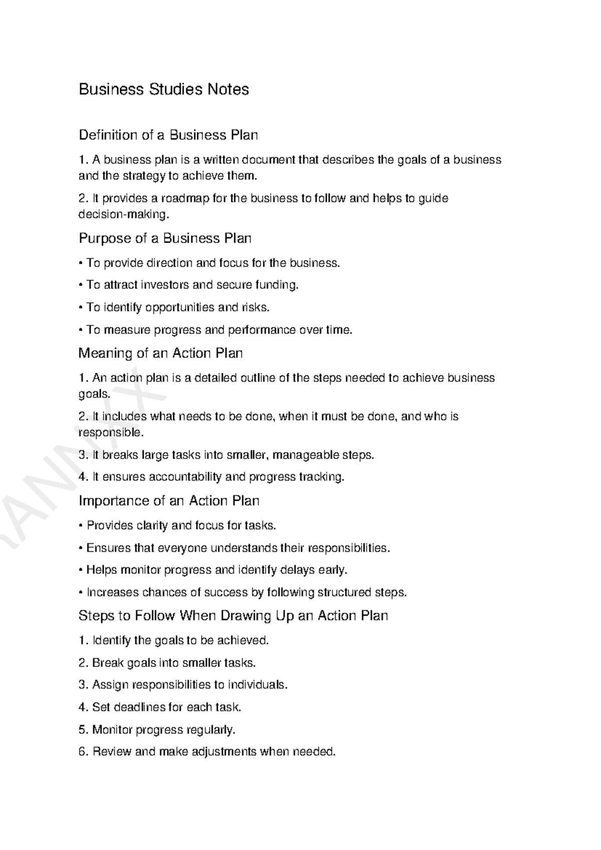 Business Studies Notes: Business Plan & Action Plan Overview - Studocu