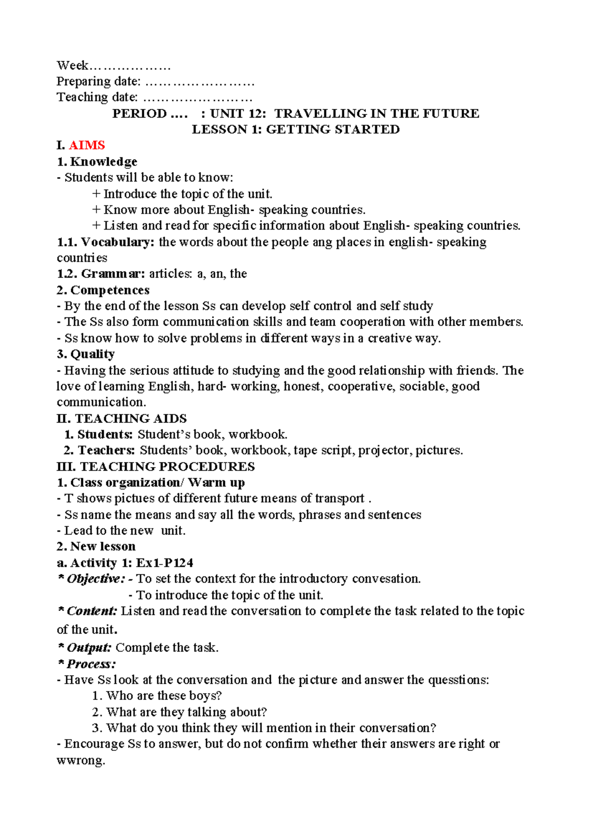Unit 12: Travelling in the Future - Lesson Plans for English 7 - Studocu