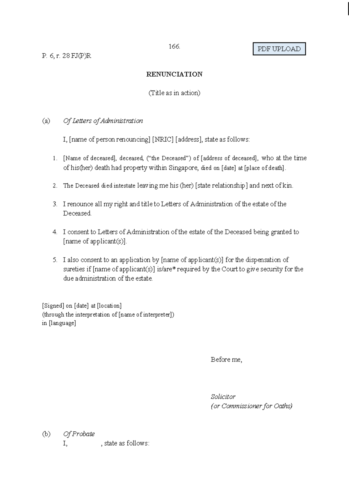 Form 166 - Renunciation of Letters of Administration in Singapore - Studocu
