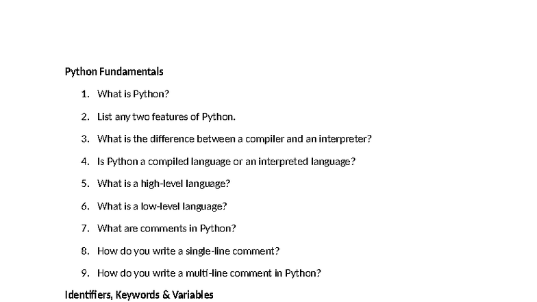 Int 108 Python Fundamentals: Key Concepts & Viva Questions - Studocu