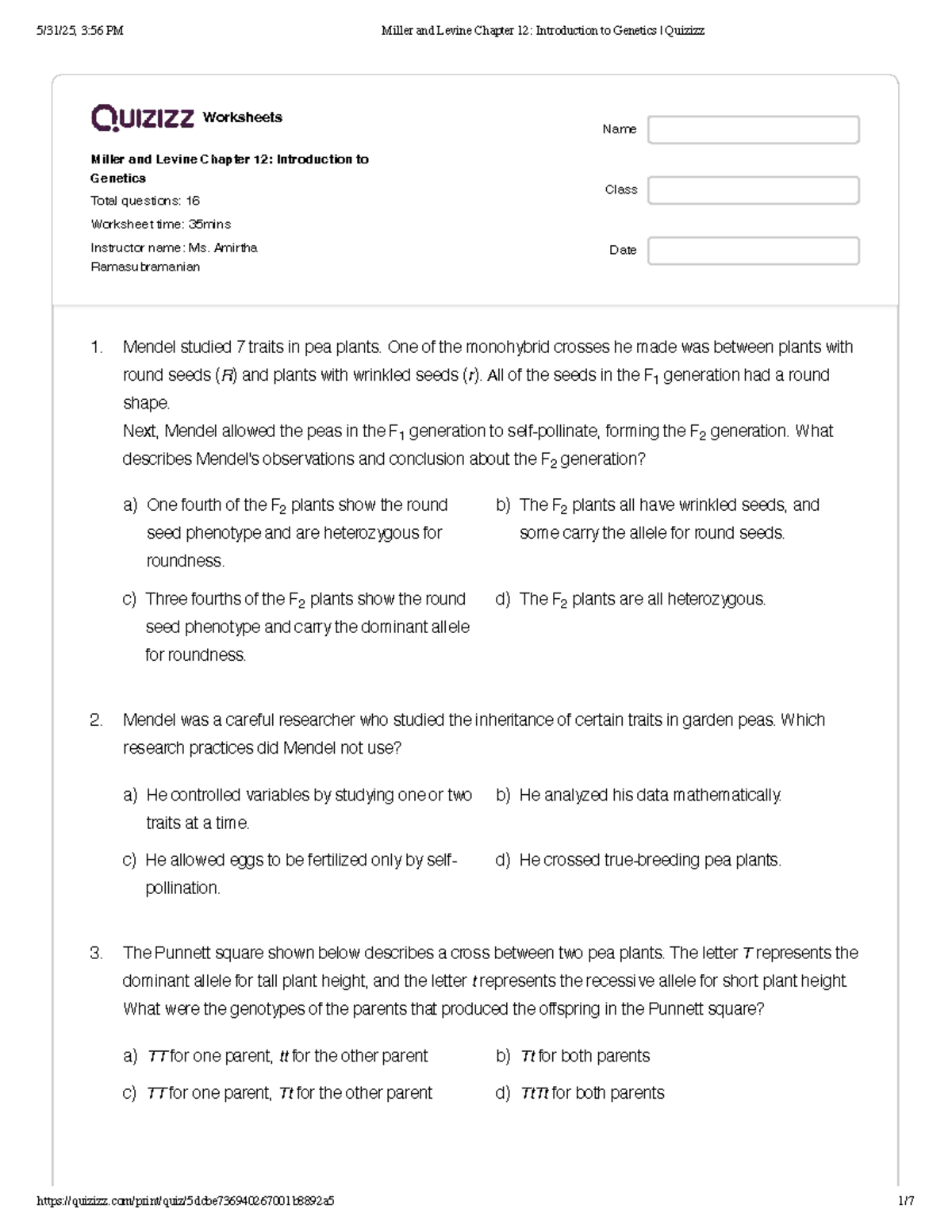 Miller and Levine Chapter 12: Genetics Quiz & Worksheets (16 Questions ...
