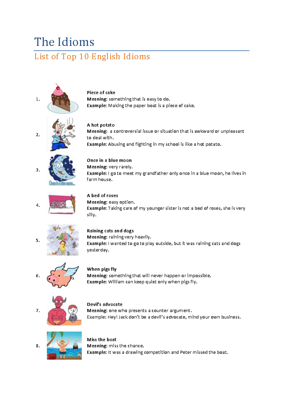 Top 10 Common English Idioms List - Studocu