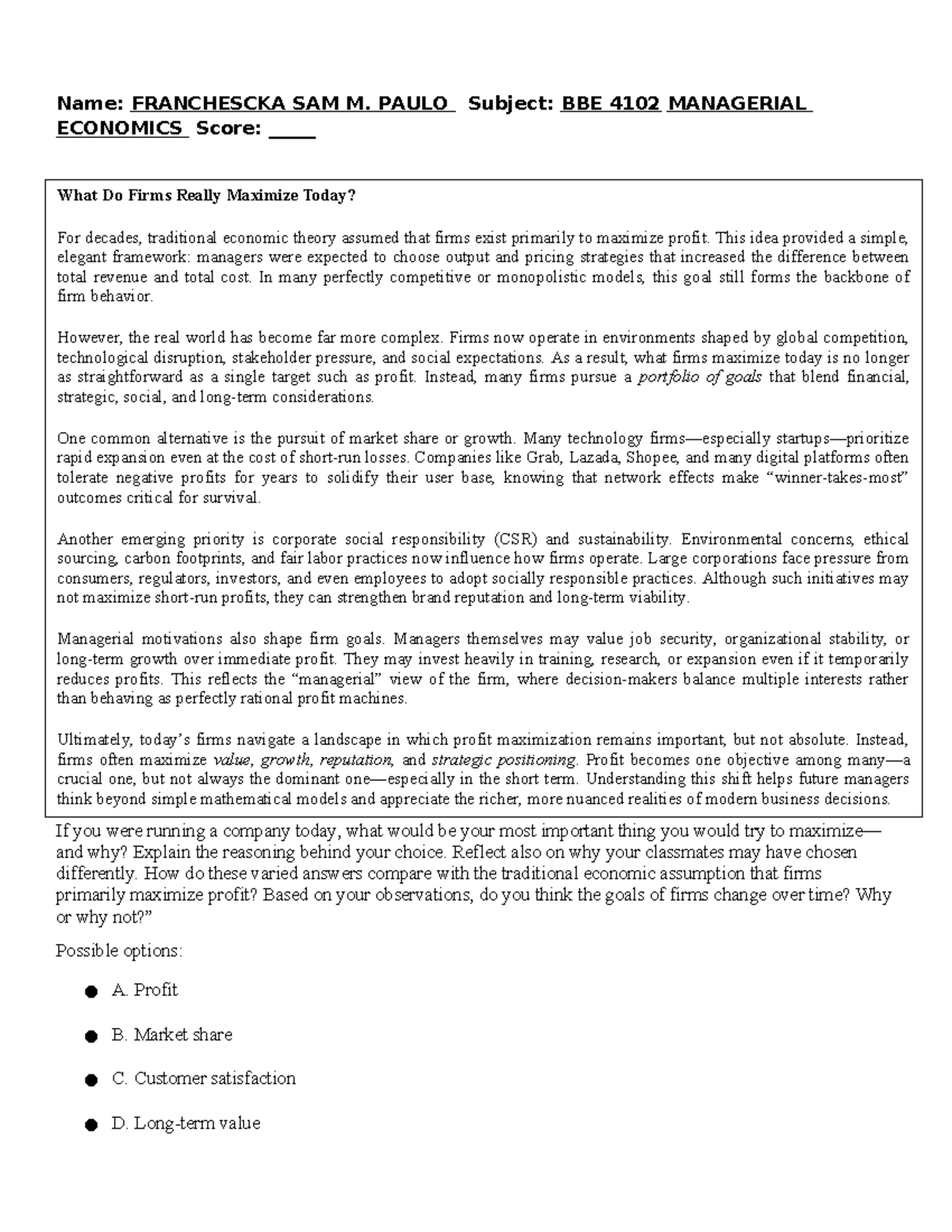 BBE 4102 Managerial Economics: What Do Firms Maximize Today? - Studocu