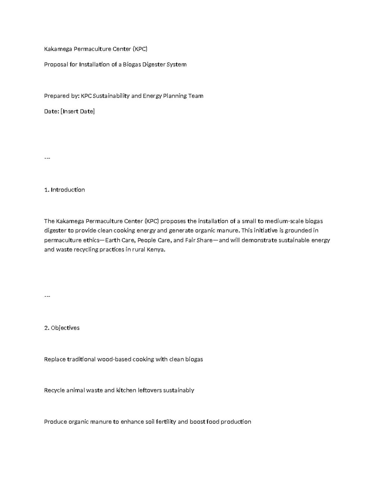 KPC Proposal: Biogas Digester System Installation for Sustainability ...
