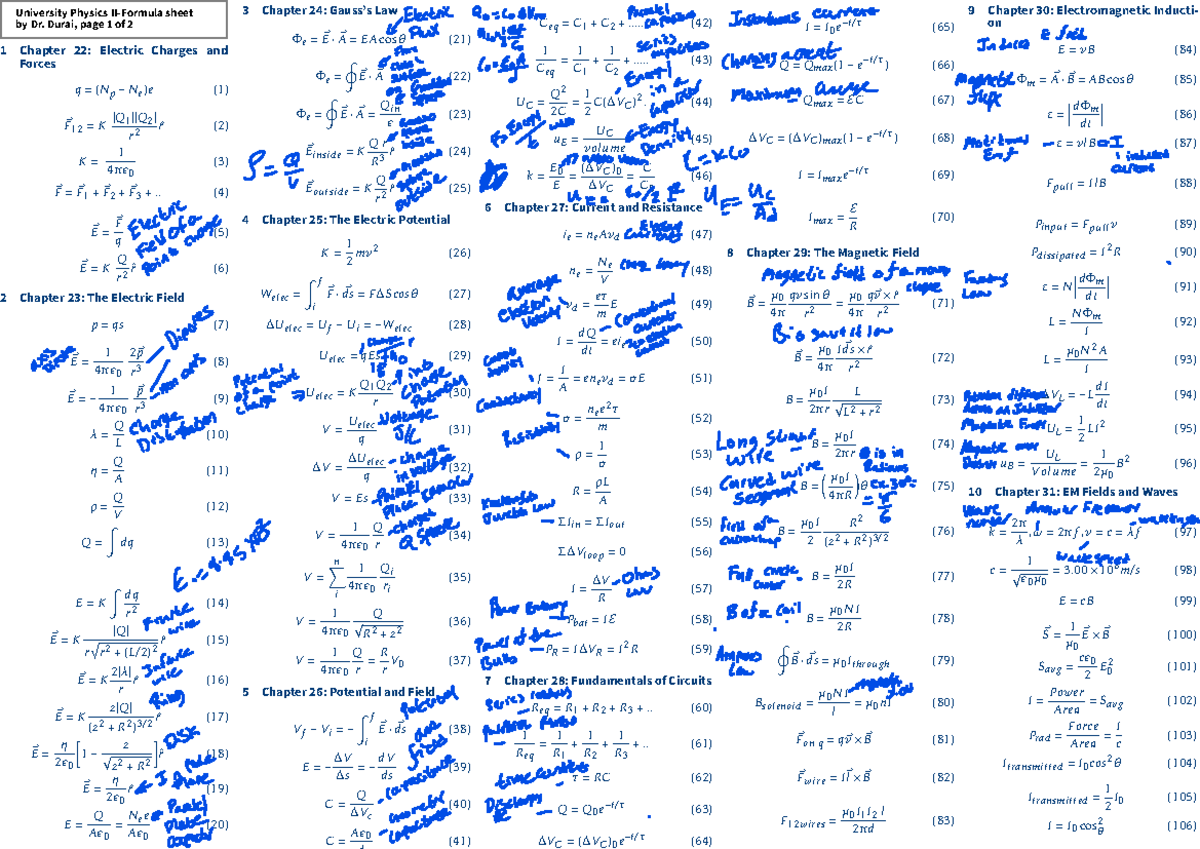 PHYS208-Formula Sheet - University Physics II-Formula sheet by Dr ...