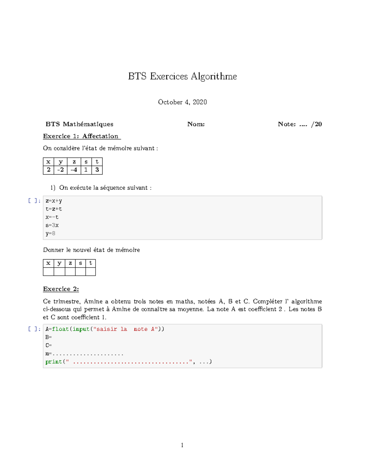 Algorithme Exercices: BTS (21) - Guide Complet sur les Pratiques - Studocu