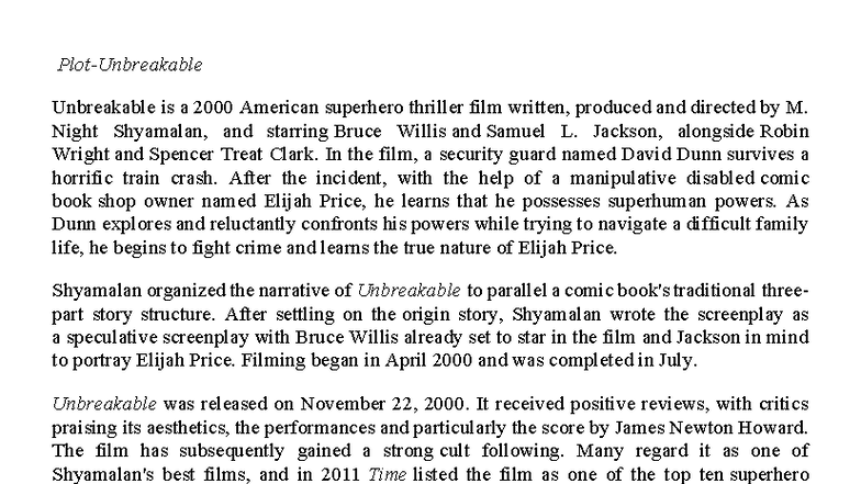 Unbreakable (Film Analysis): Exploring the Superhero Narrative - Studocu