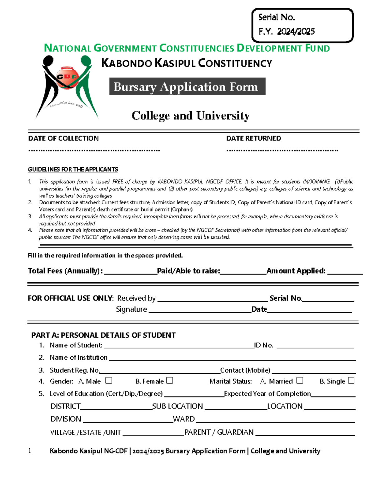 Kabondo Kasipul Constituency NG-CDF Bursary Application Form - Studocu