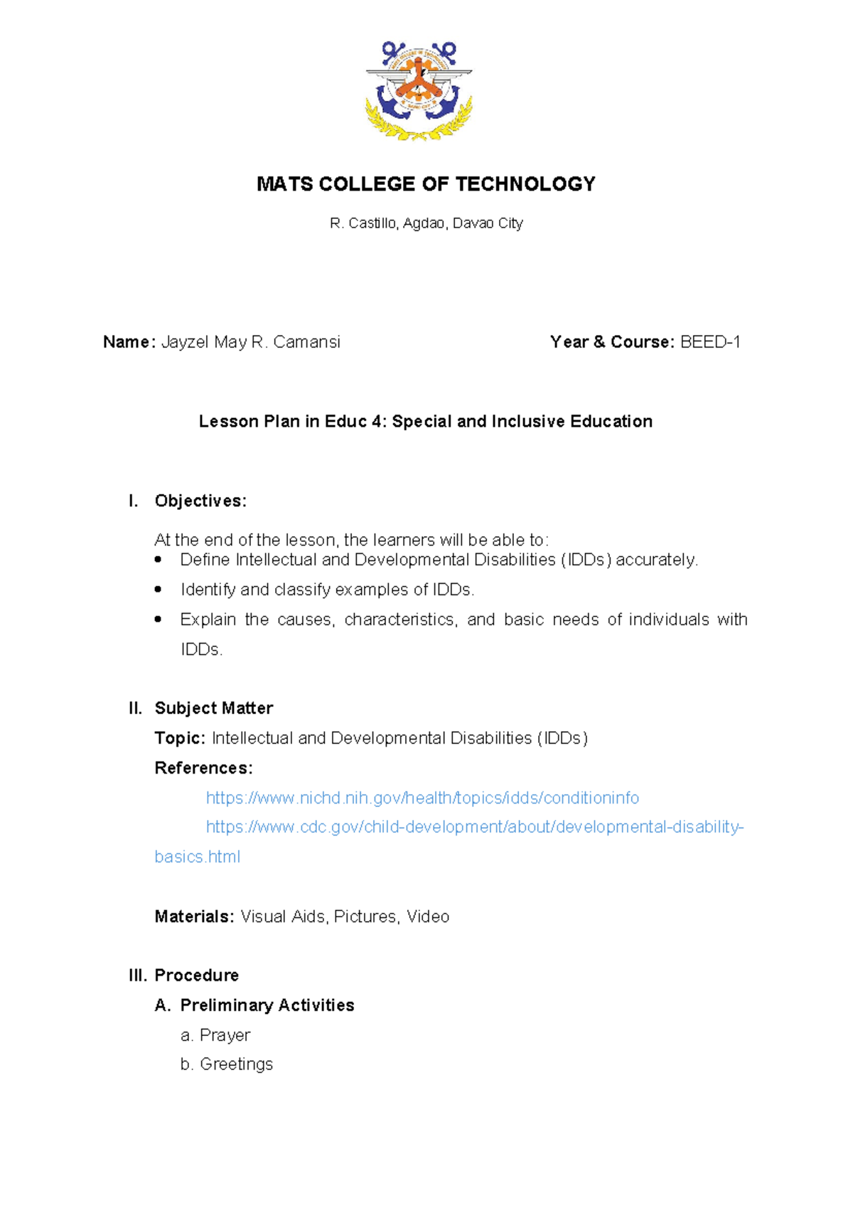 Zels-LP-EDUC4: Lesson Plan on Intellectual & Developmental Disabilities ...