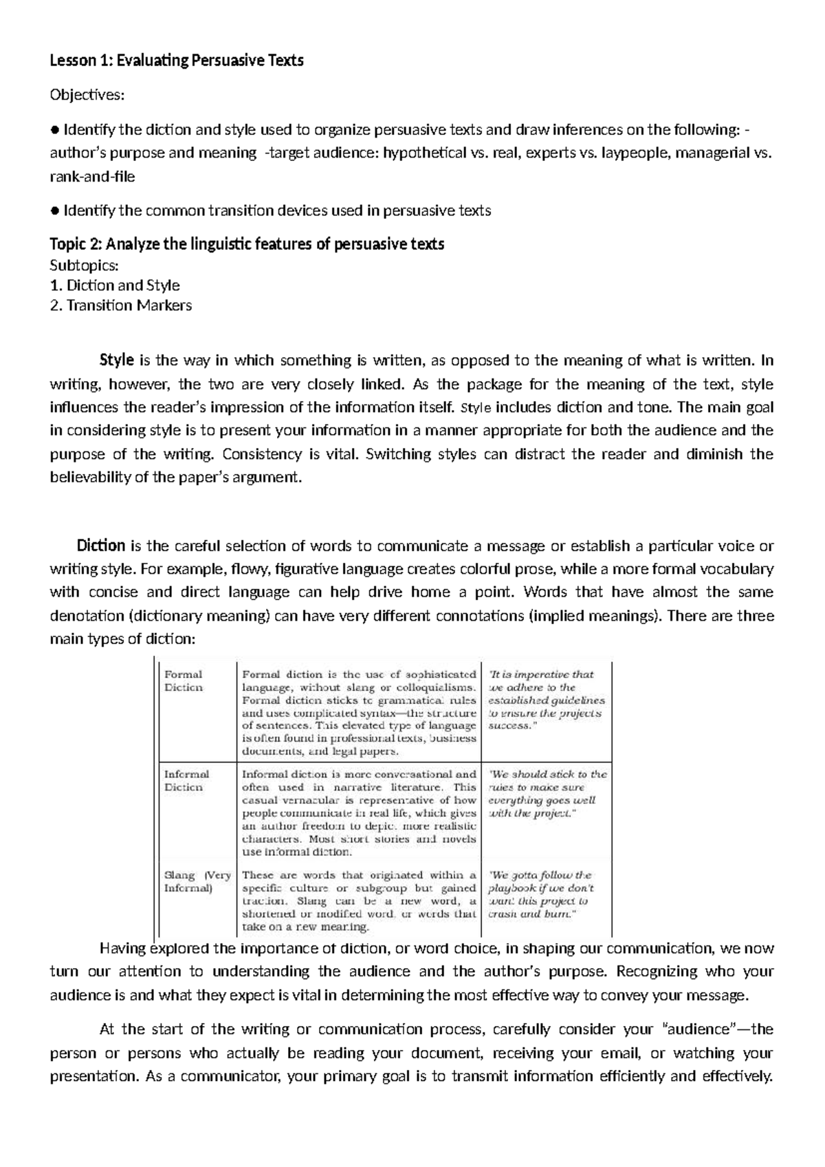 Lesson 1: Evaluating Persuasive Texts - Diction, Style & Audience ...