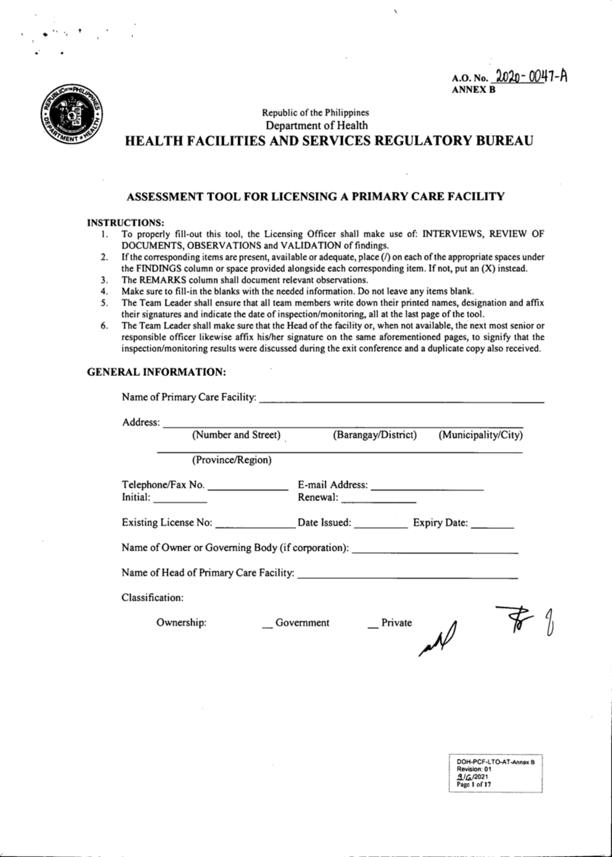 DOH-PCF-LTO-AT-Annex B: Assessment Tool for Primary Care Facilities ...