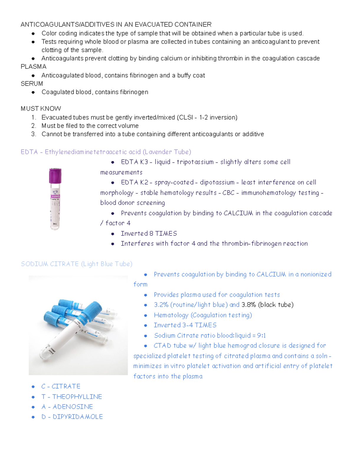 ETS Anticoagulants and Additives in Evacuated Tubes: Key Facts - Studocu