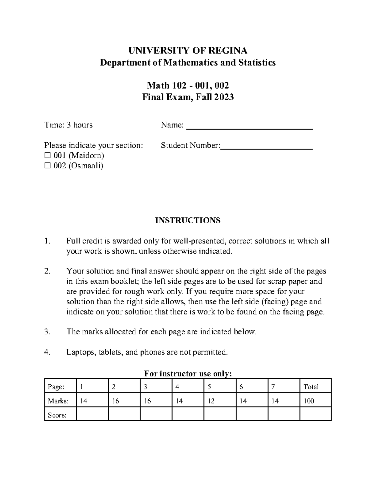 MATH 102 Final Exam Guide - Fall 2023 (Sections G 001 & G 002) - Studocu