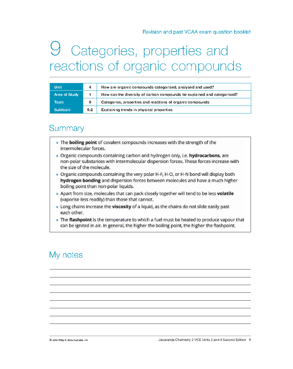 Unit 4 AOS 1 Topic 9 Organic Compounds: Properties & Reactions Notes ...