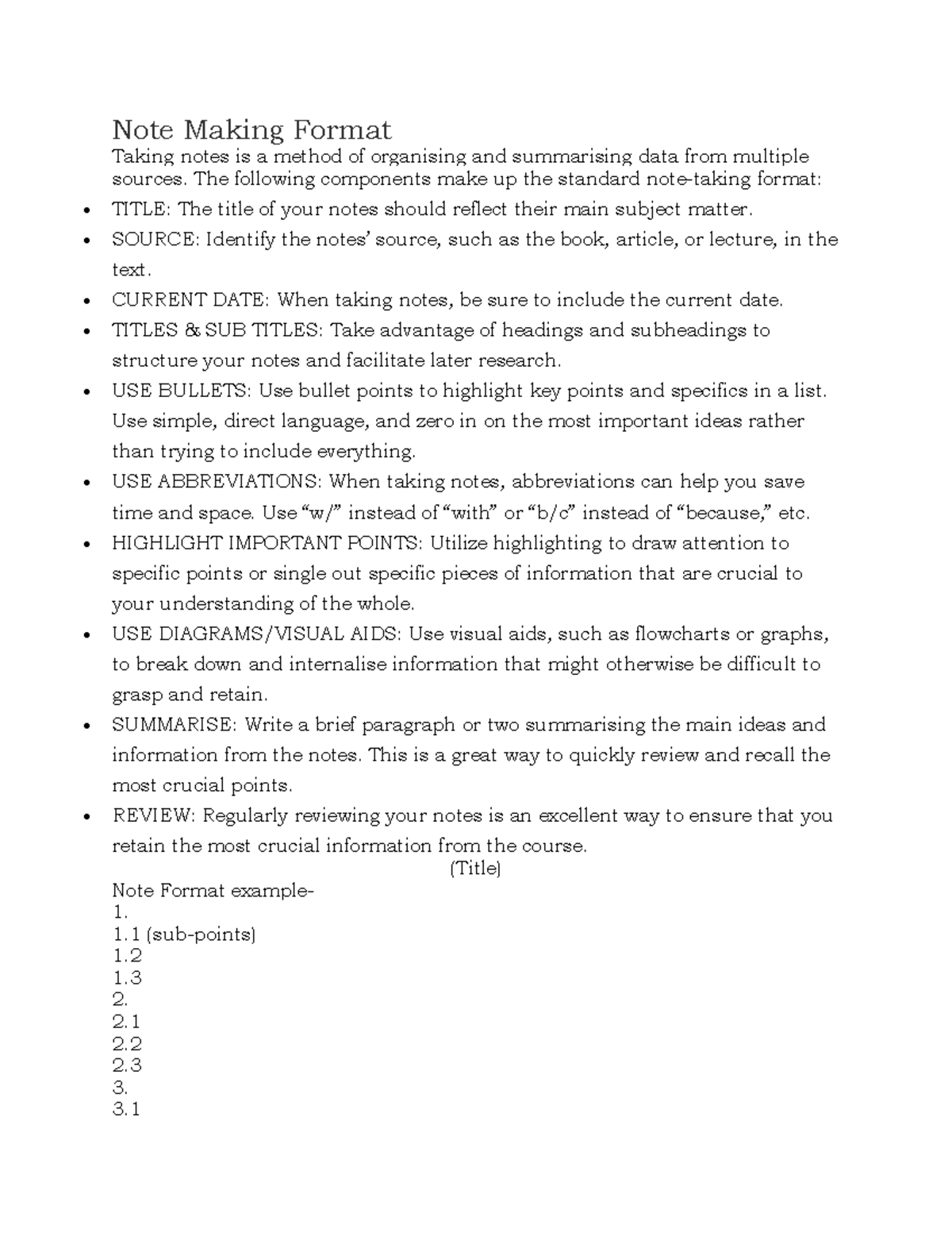 Note Making Format: Key Components and Example on Colour Therapy - Studocu