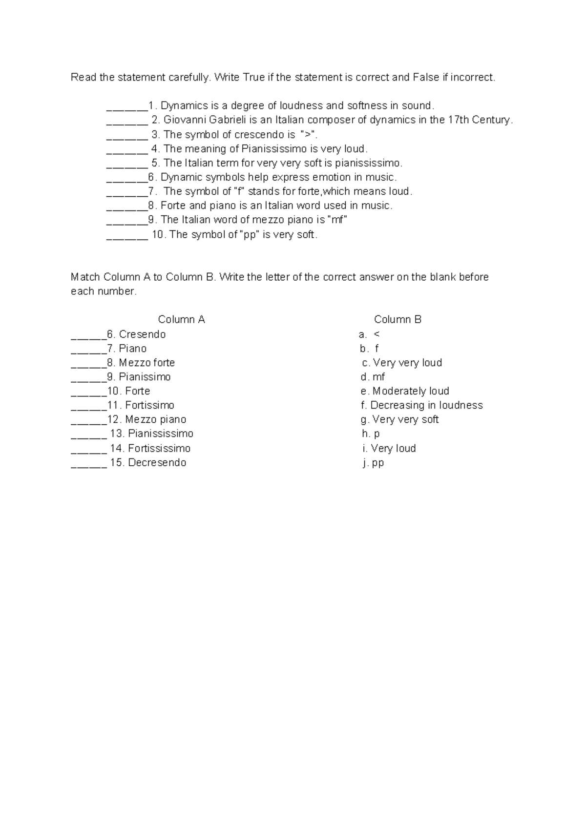 Summative Test #2 in Music: Dynamics and Terminology - Studocu