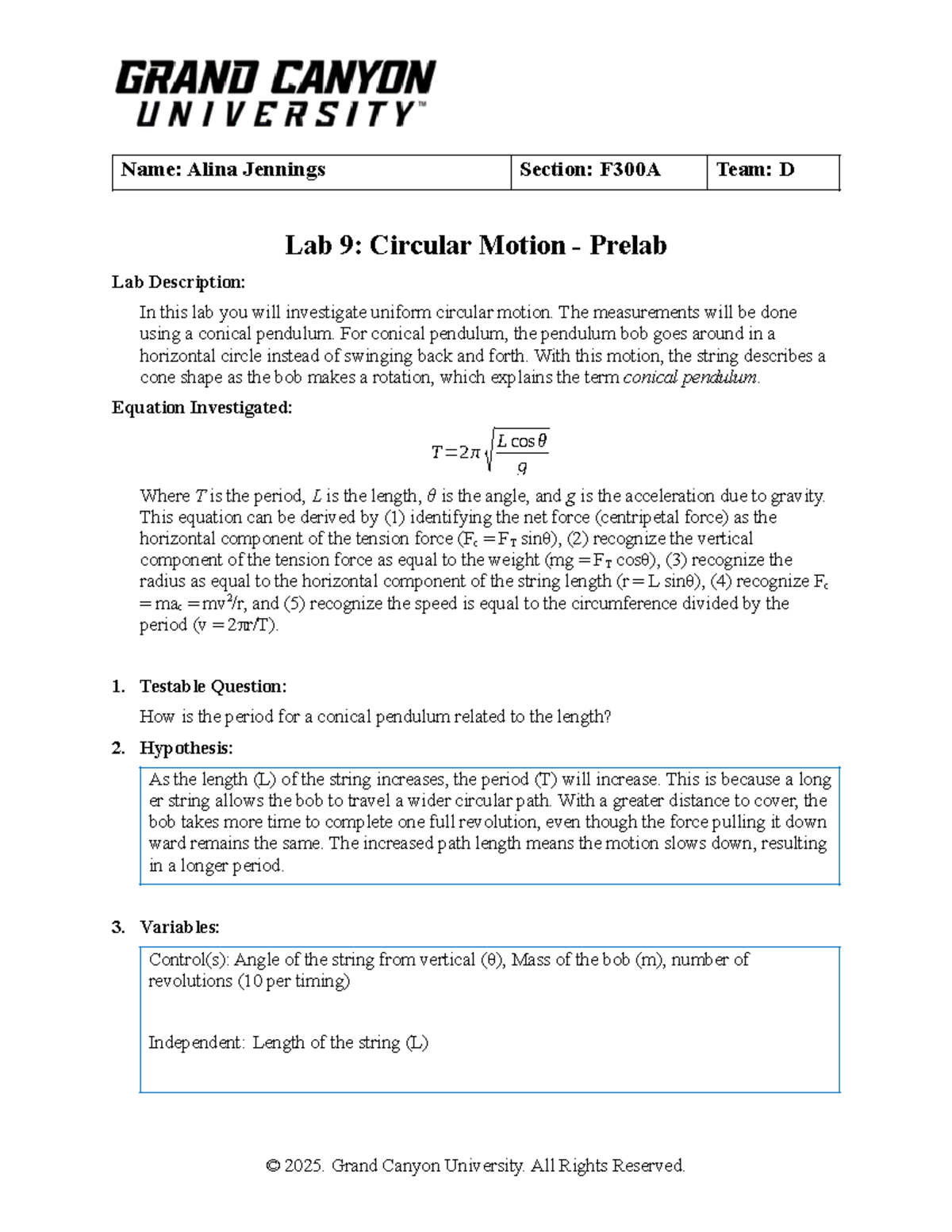 PHY111L Lab 9 Prelab: Investigating Conical Pendulum Motion - Studocu
