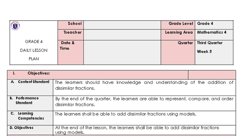 COT DLP MATH4 Q3 W5 - Adding Dissimilar Fractions Lesson Plan - Studocu