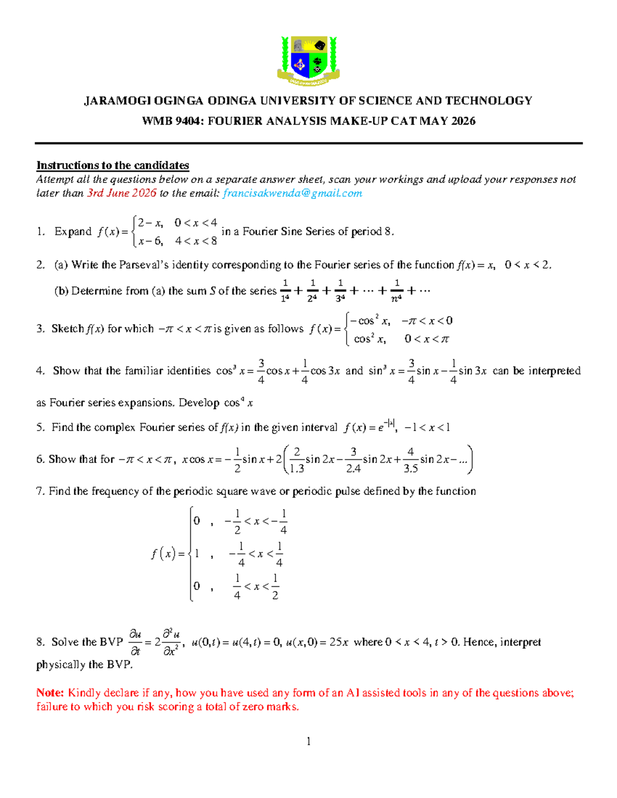 WMB 9404: Fourier Analysis Make-Up CAT Revision Notes - Studocu