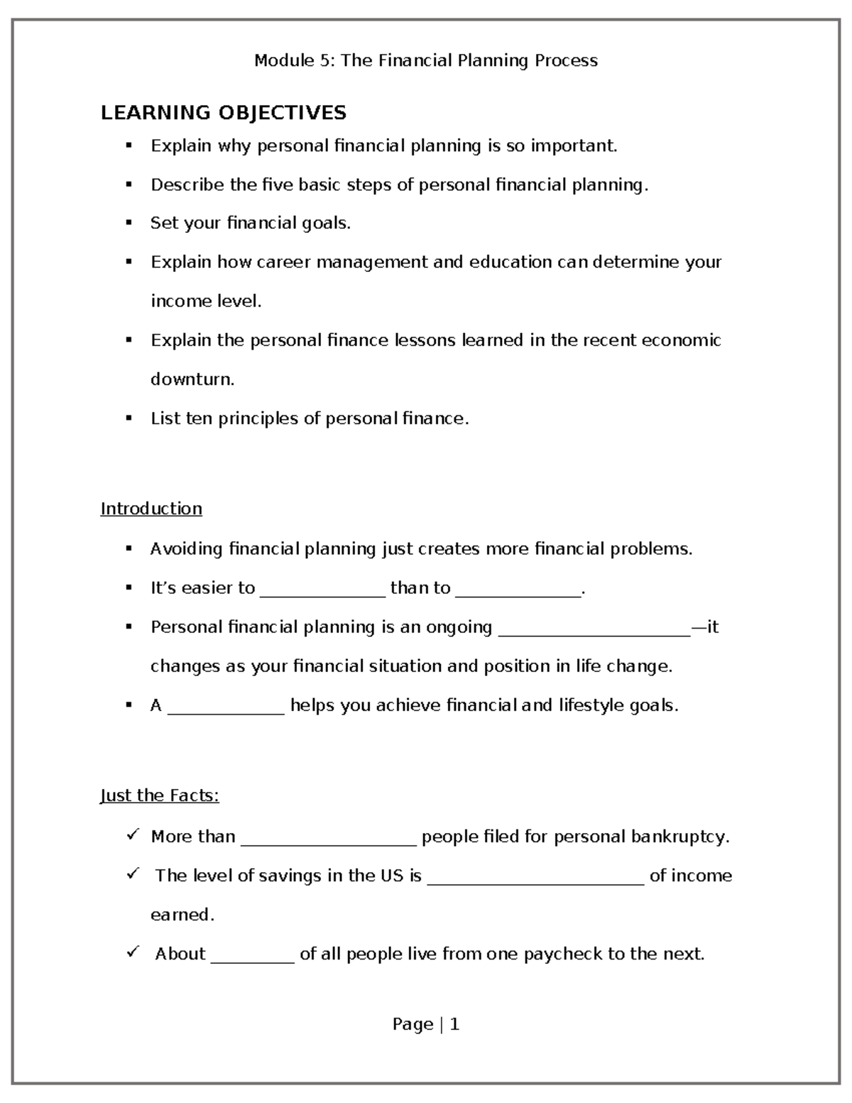 Lecture Notes Module 5 Financial Planning - LEARNING OBJECTIVES Explain ...