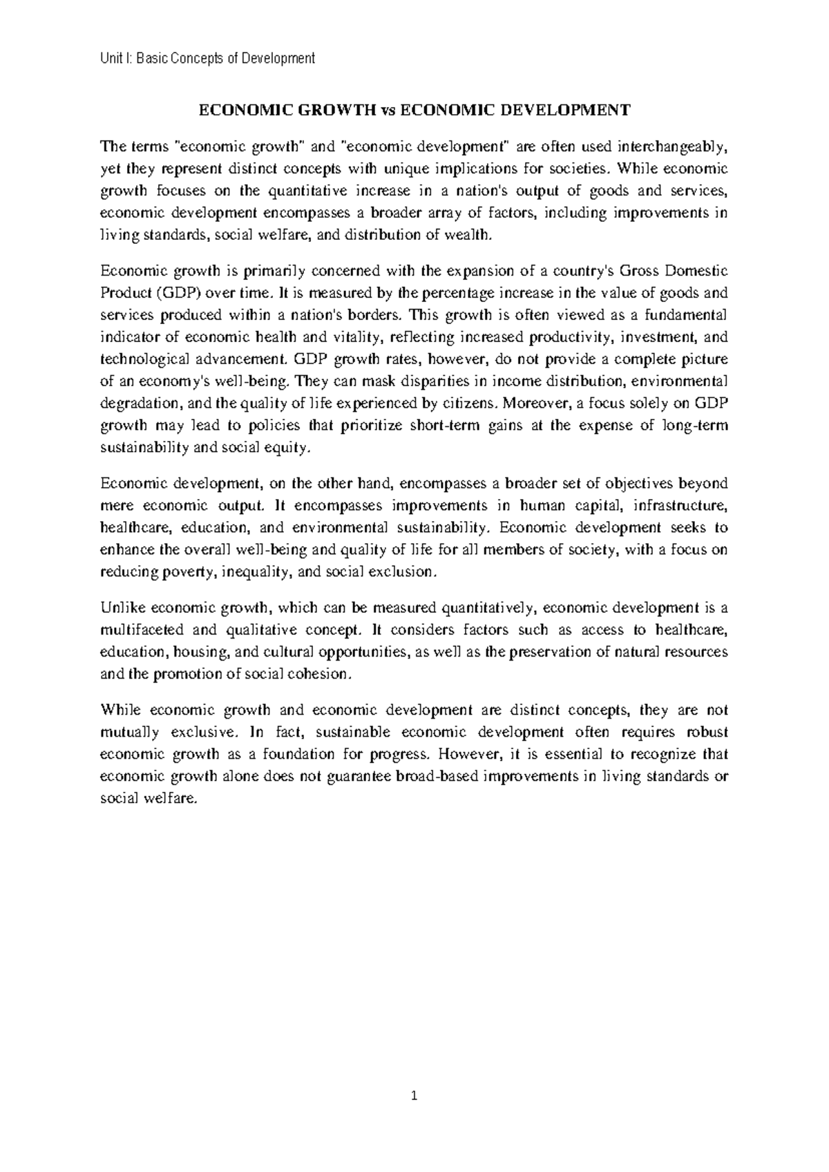 EGD 101: Unit I - Key Concepts in Economic Growth & Development - Studocu